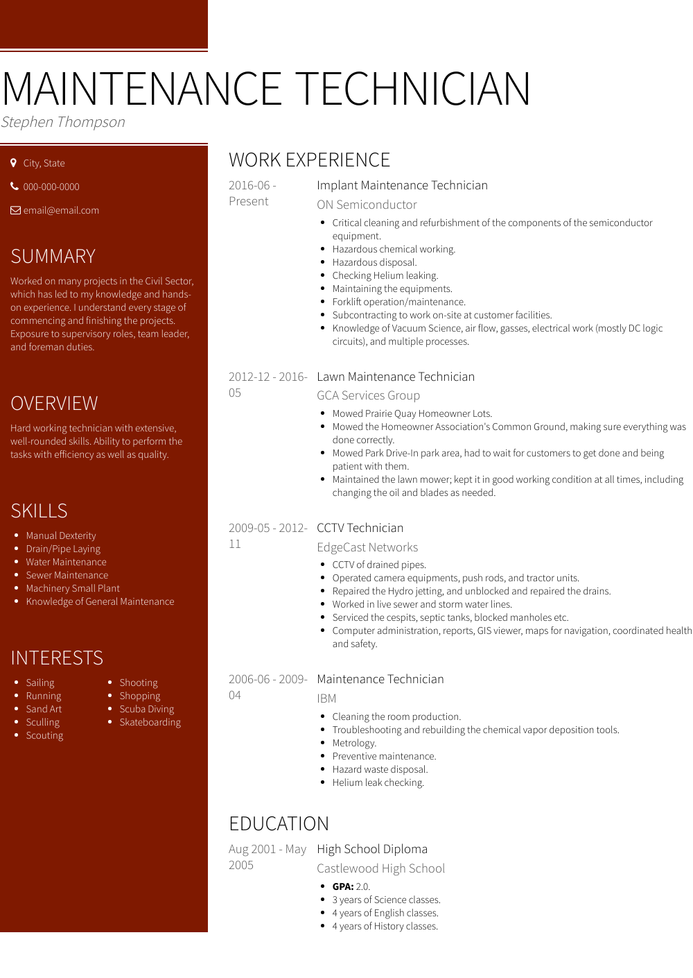 Maintenance Technician Resume Samples And Templates VisualCV