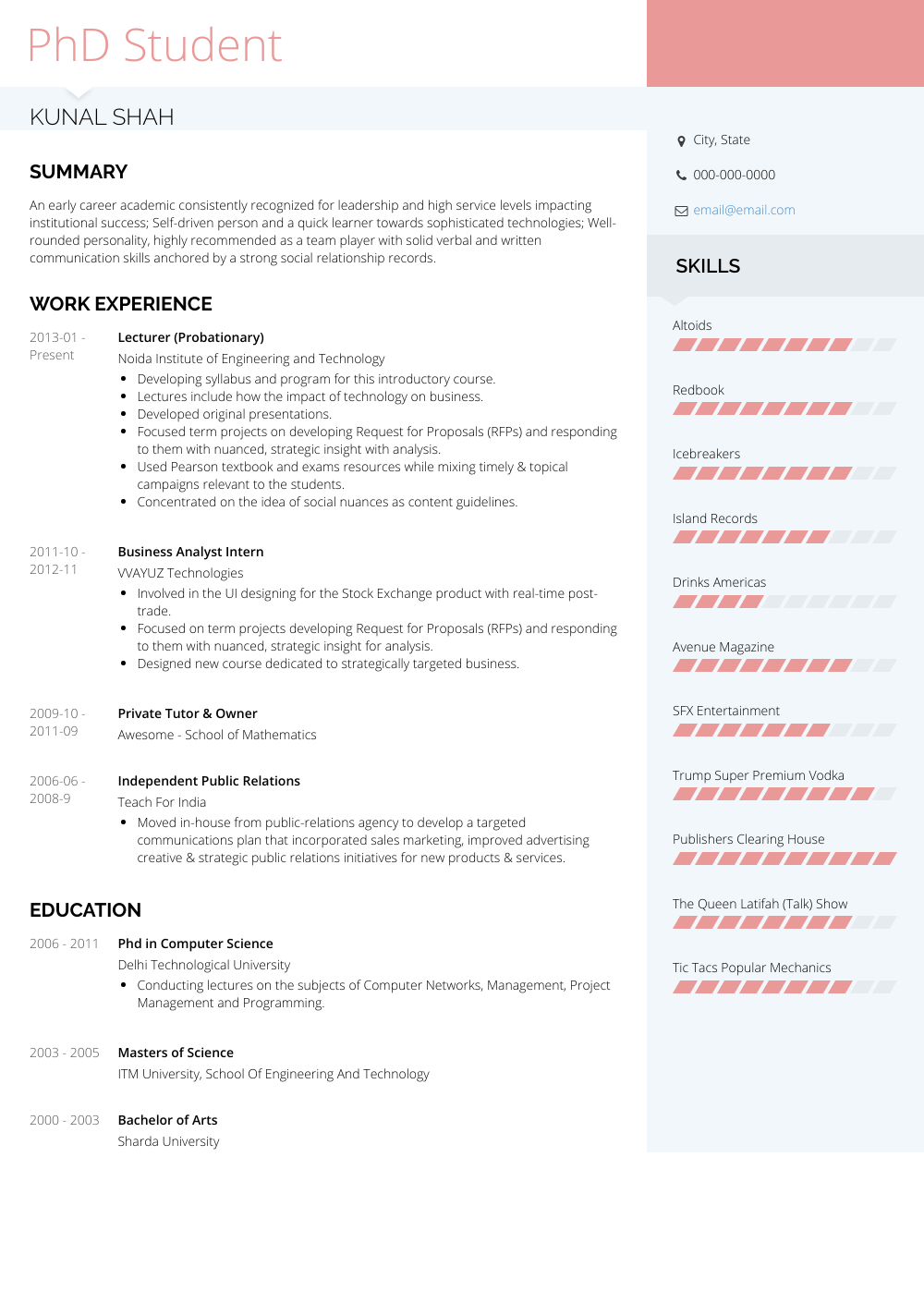 Phd Student Resume Samples Templates VisualCV Resume Template Job