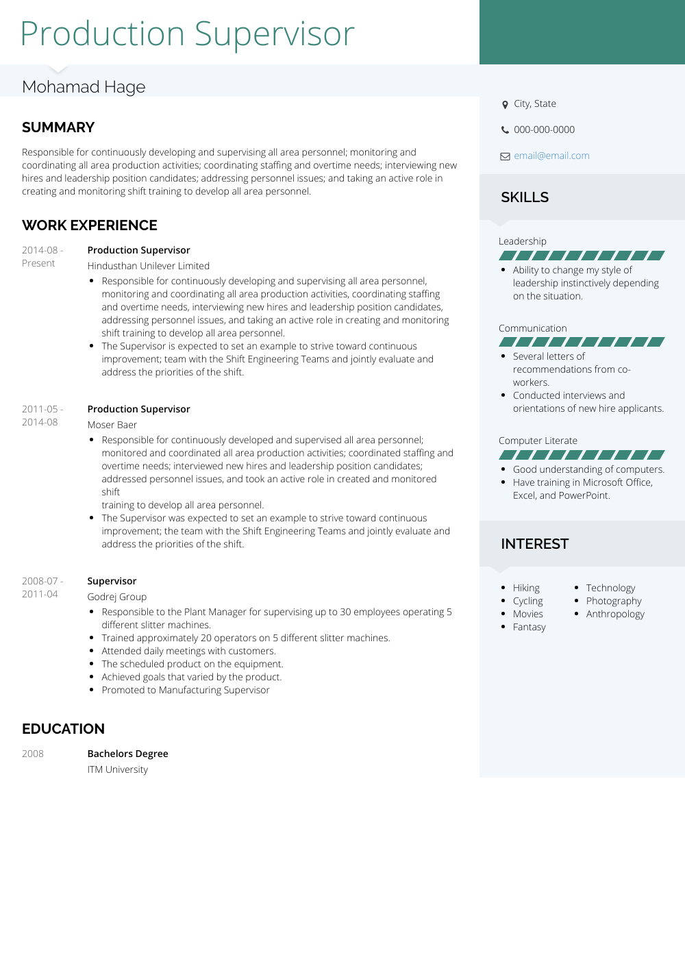 Production Supervisor Resume Samples And Templates VisualCV