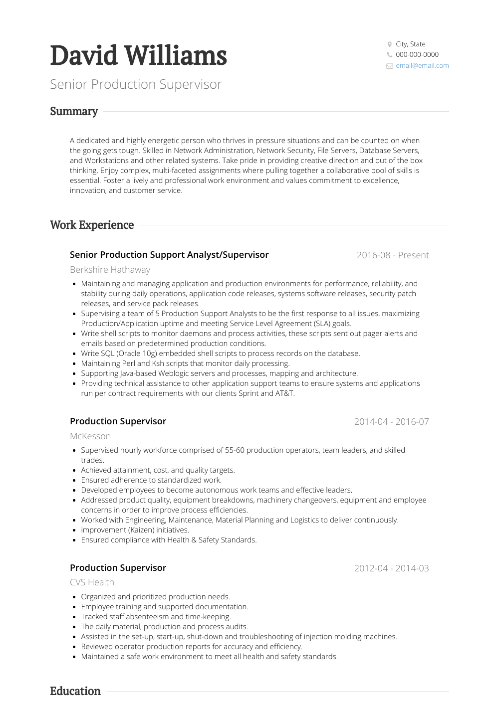 Production Supervisor Resume Template