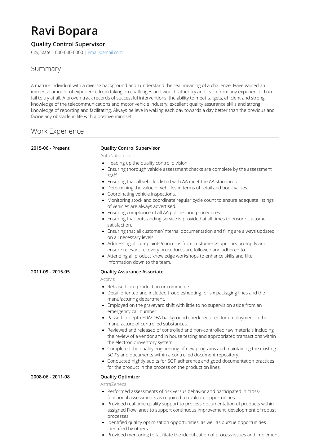 Quality Control Resume Samples And Templates VisualCV