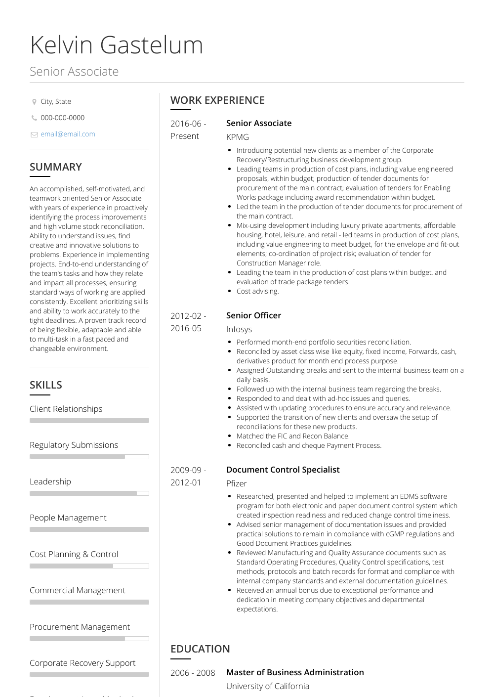 Senior Associate - Resume Samples and Templates | VisualCV