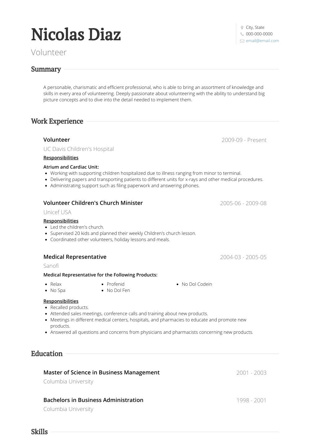 Volunteer Resume Template Free