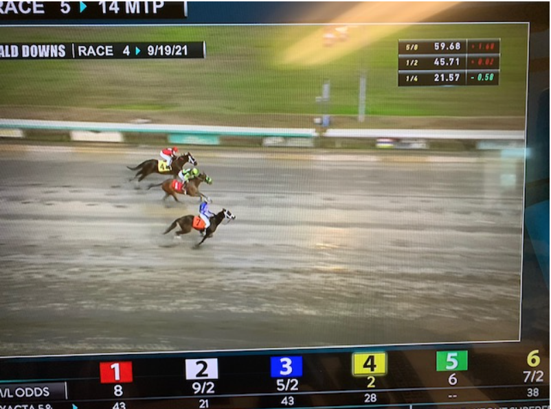 Jockey loses stirrups, continues race and wins