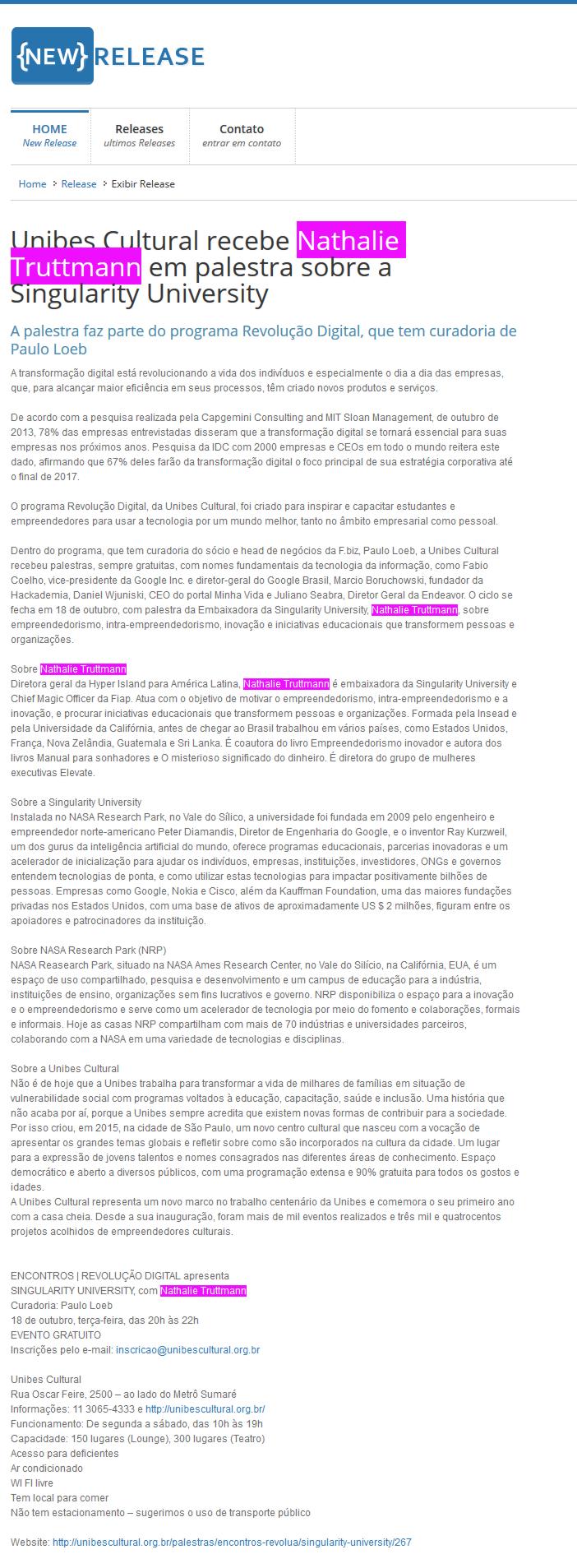 Site New Release – Notícia (UNIBES CULTURAL RECEBE NATHALIE TRUTTMANN EM PALESTRA SOBRE A ...