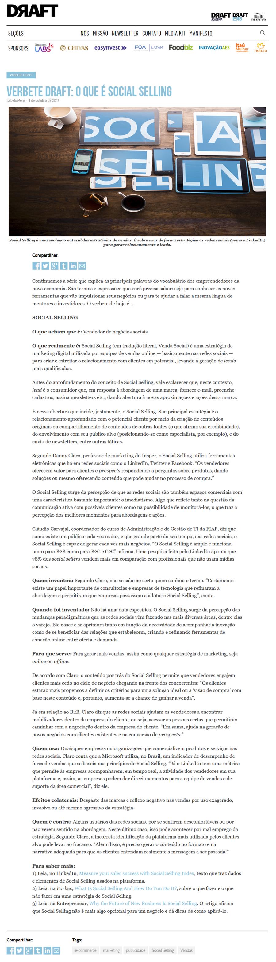 Site Projeto Draft – Matéria (VERBETE DRAFT: O QUE É SOCIAL SELLING – Cláudio Carvajal) - FIAP