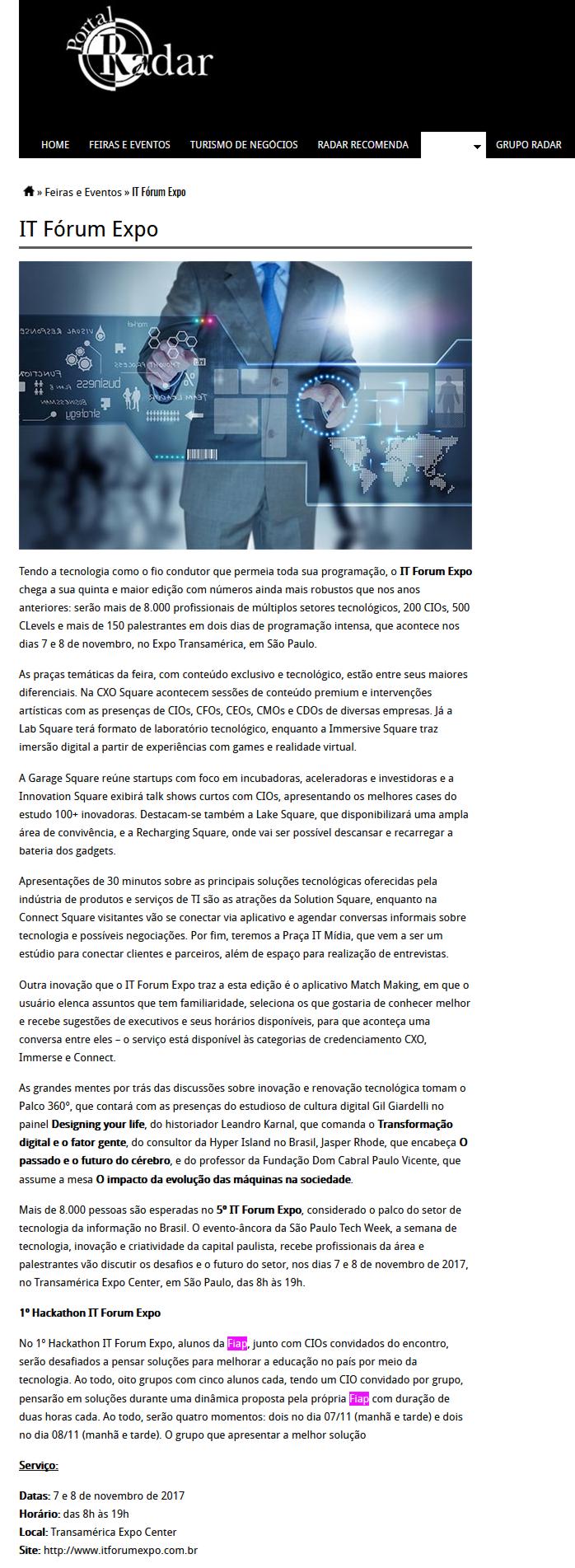 Portal Radar – Notícias ( IT FÓRUM EXPO – FIAP) - FIAP
