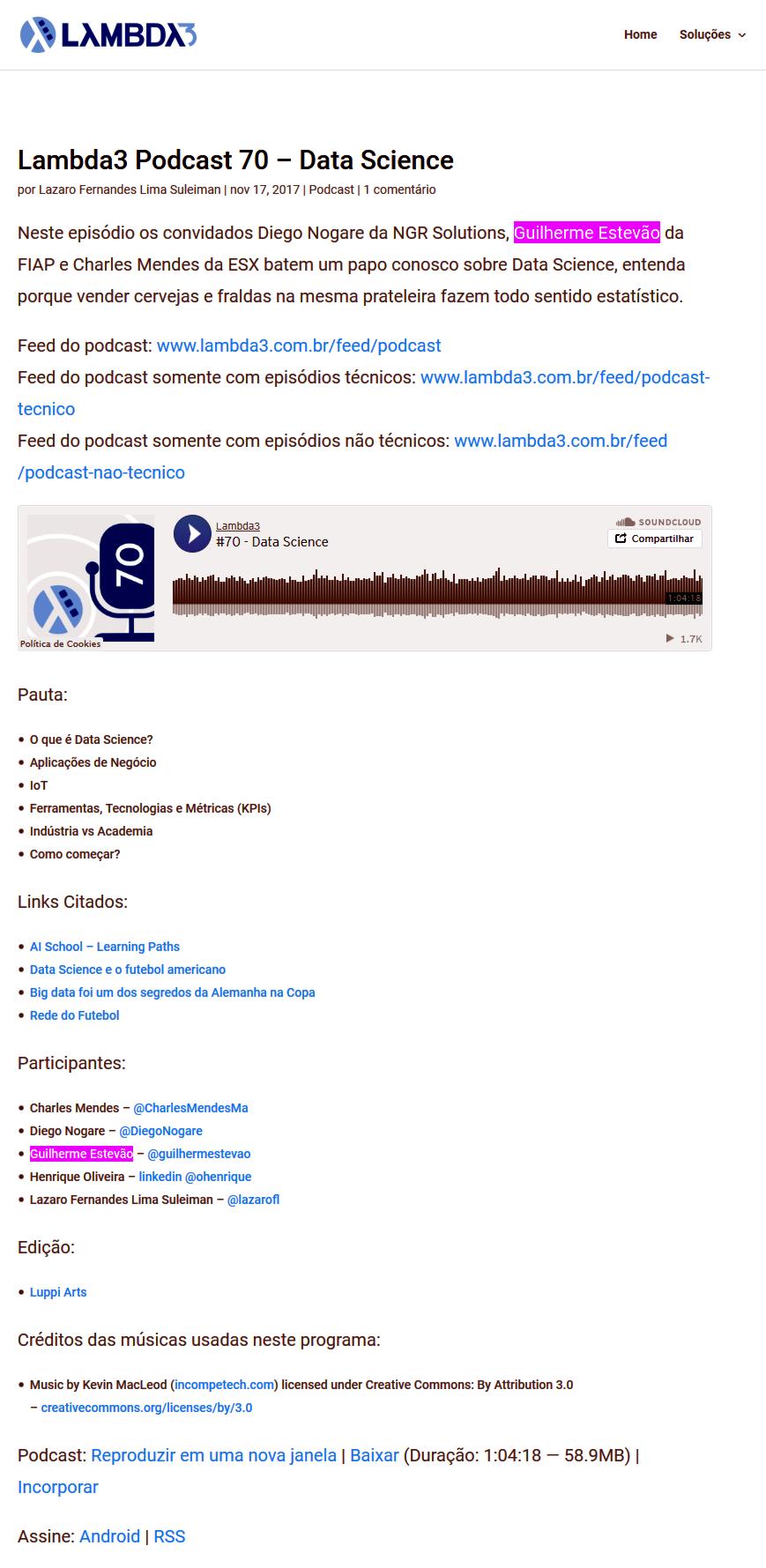 Portal Lambda3 – Notícias (LAMBDA3 PODCAST 70 – DATA SCIENCE – Guilherme Estevão) - FIAP