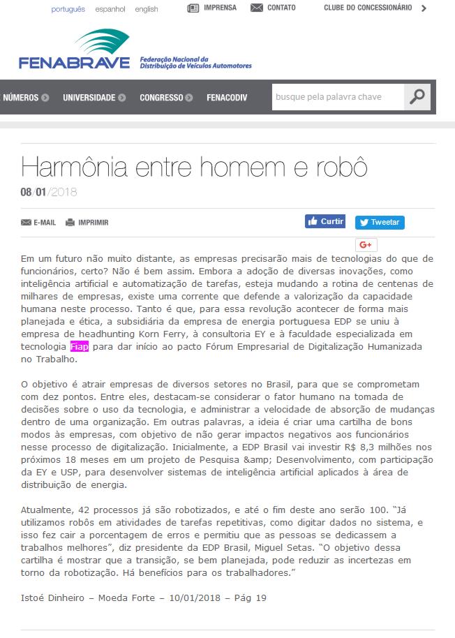 Portal FENABRAVE – Notícias ( HARMONIA ENTRE HOMEM E ROBÔ – FIAP) - FIAP