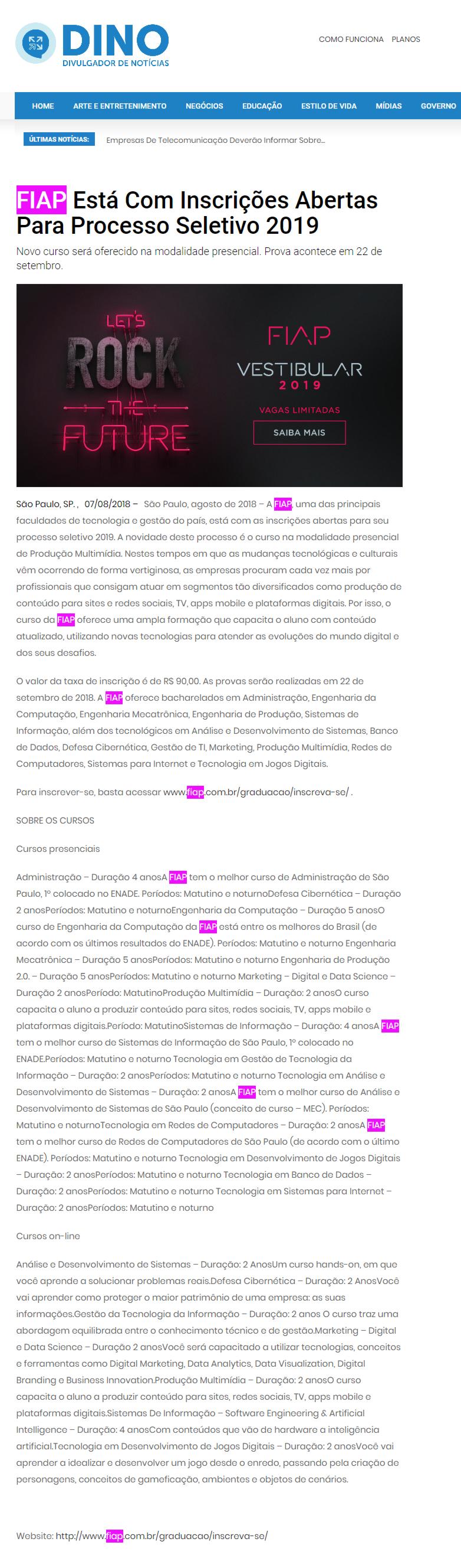 Portal DINO – Notícias (FIAP ESTÁ COM INSCRIÇÕES ABERTAS PARA PROCESSO ...