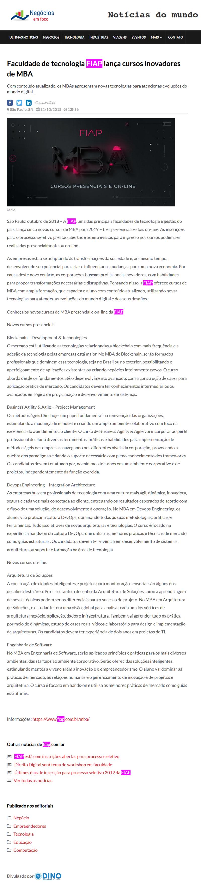 Portal Negócios em Foco – Notícias (FACULDADE DE TECNOLOGIA FIAP LANÇA ...