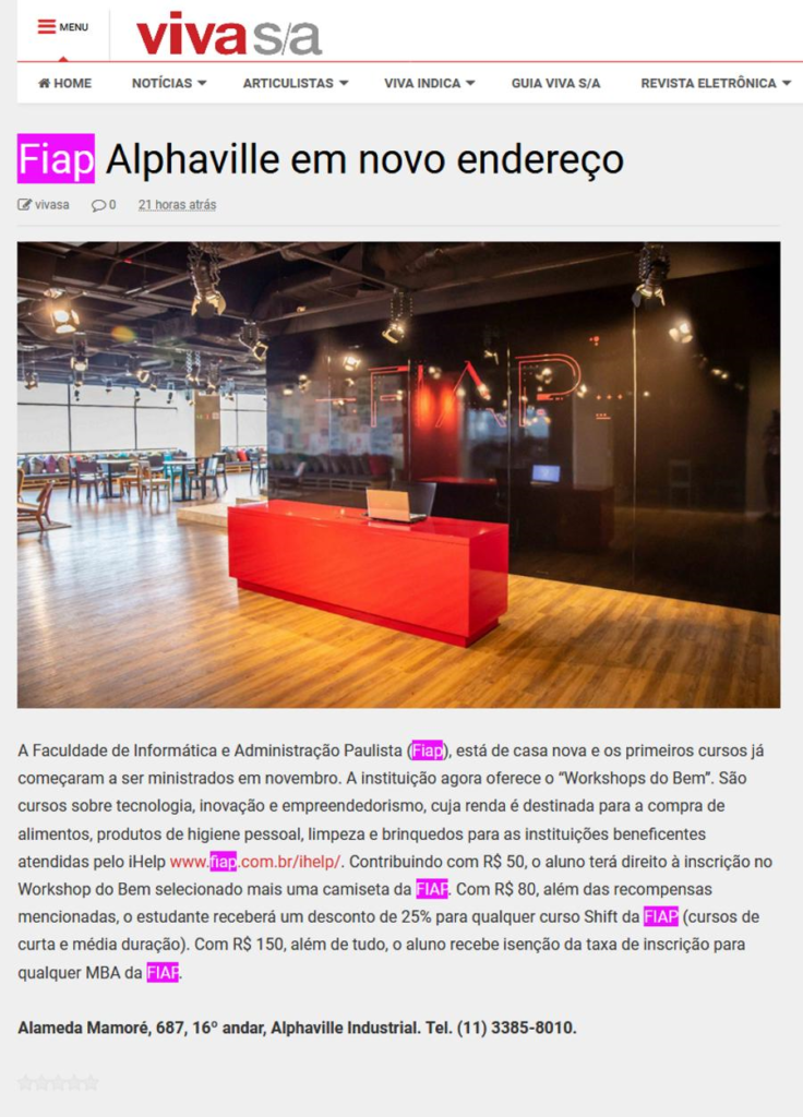Portal Viva S/A – Notícias (FIAP ALPHAVILLE EM NOVO ENDEREÇO – FIAP) - FIAP