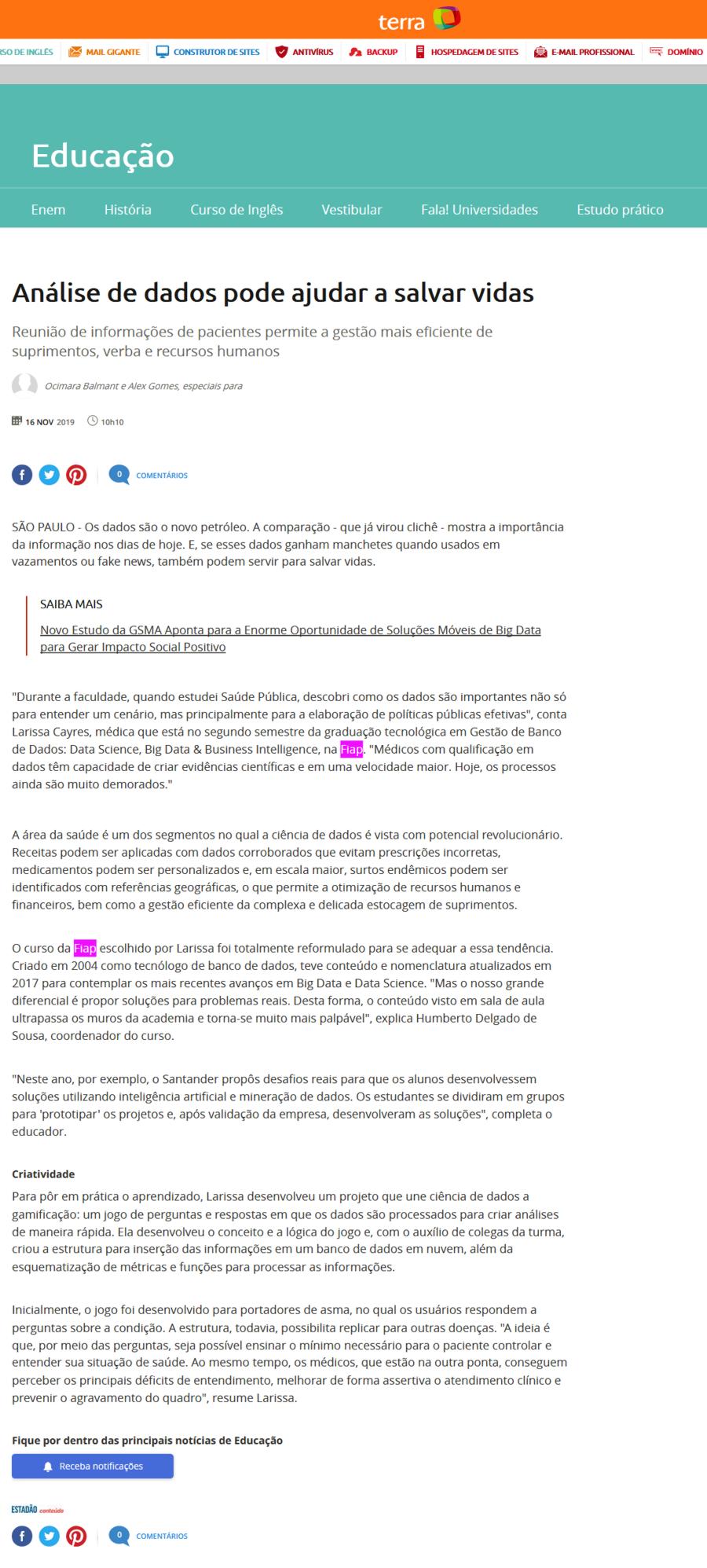 Portal Terra – Notícias (ANÁLISE DE DADOS PODE AJUDAR A SALVAR VIDAS ...