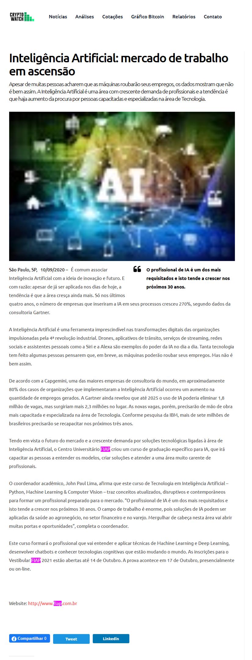 CRYPTO WATCH – NOTÍCIAS – (INTELIGÊNCIA ARTIFICIAL: MERCADO DE TRABALHO ...