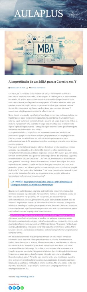 AULA PLUS – NOTÍCIAS (A IMPORTÂNCIA DE UM MBA PARA A CARREIRA EM Y ...