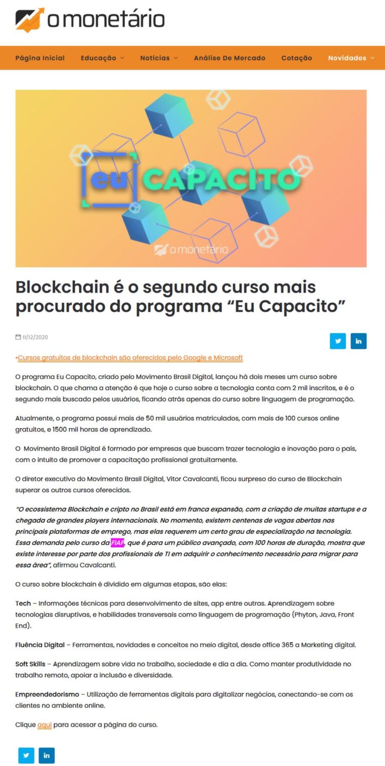 O MONETÁRIO – NOTÍCIAS (BLOCKCHAIN É O SEGUNDO CURSO MAIS PROCURADO DO PROGRAMA EU CAPACITO ...