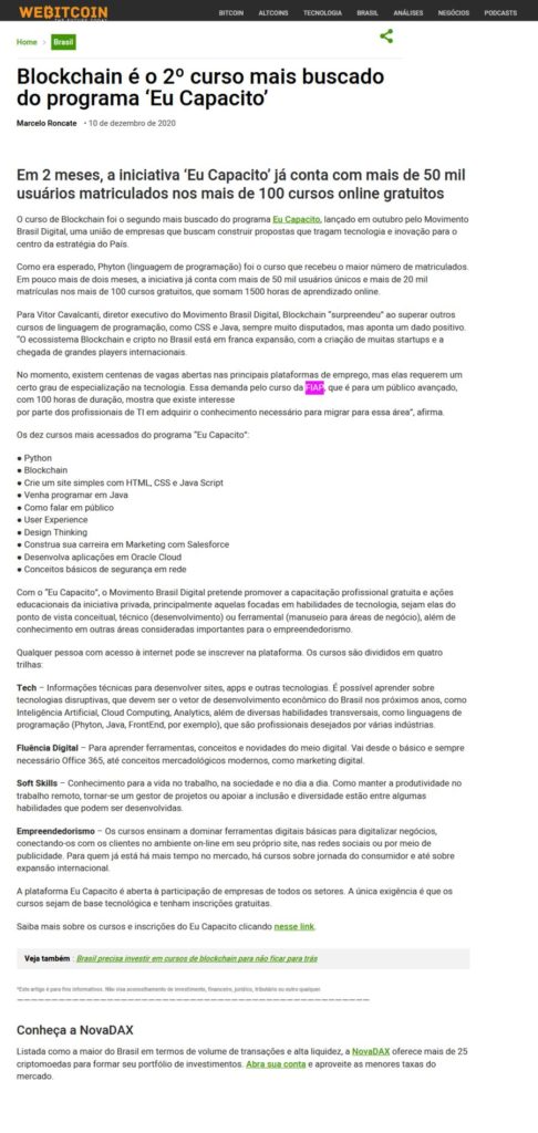 WEBITCOIN – NOTÍCIAS (BLOCKCHAIN É O SEGUNDO CURSO MAIS PROCURADO DO PROGRAMA EU CAPACITO – FIAP ...