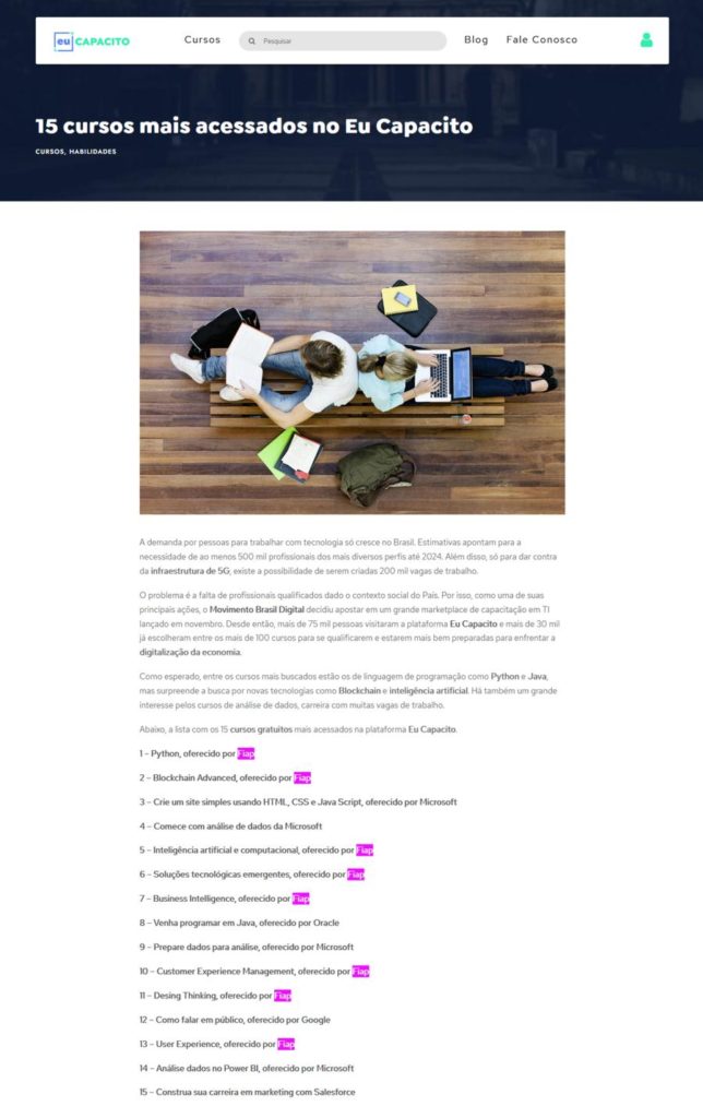 EU CAPACITO – NOTÍCIAS (15 CURSOS MAIS ACESSADOS NO EU CAPACITO – FIAP) - FIAP