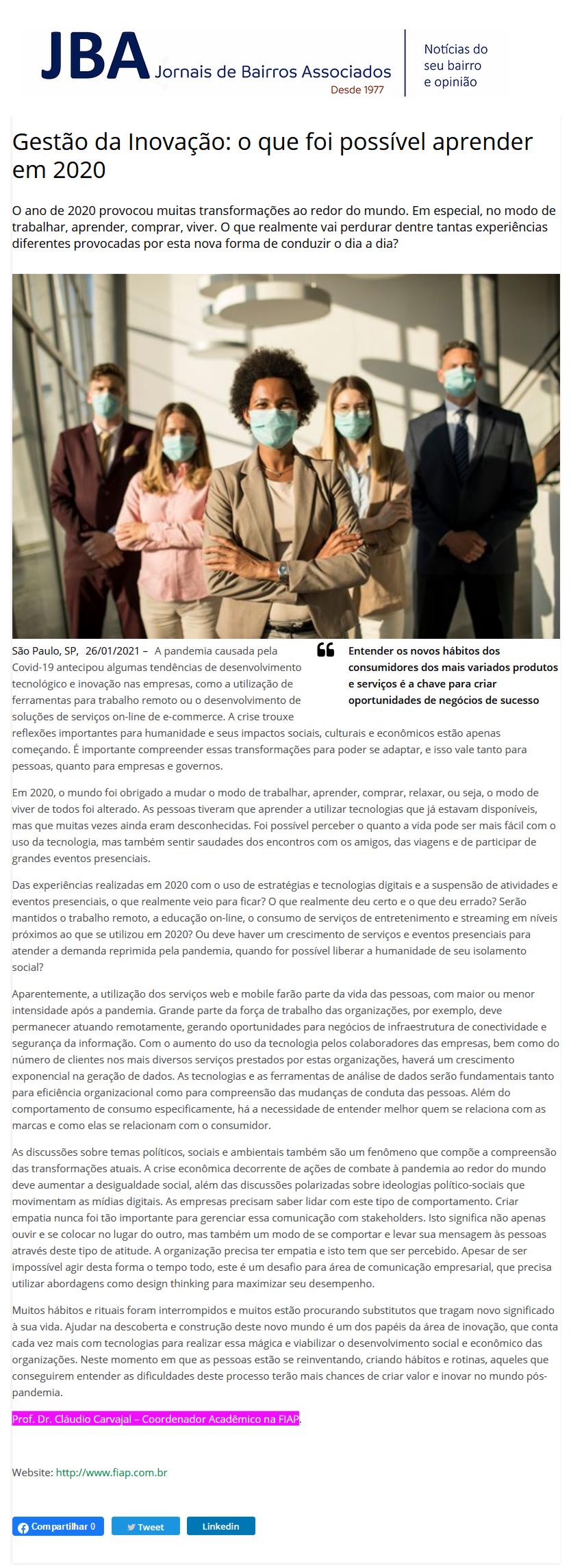 JBA – ARTIGO (GESTÃO DA INOVAÇÃO: O QUE FOI POSSÍVEL APRENDER EM 2020 ...