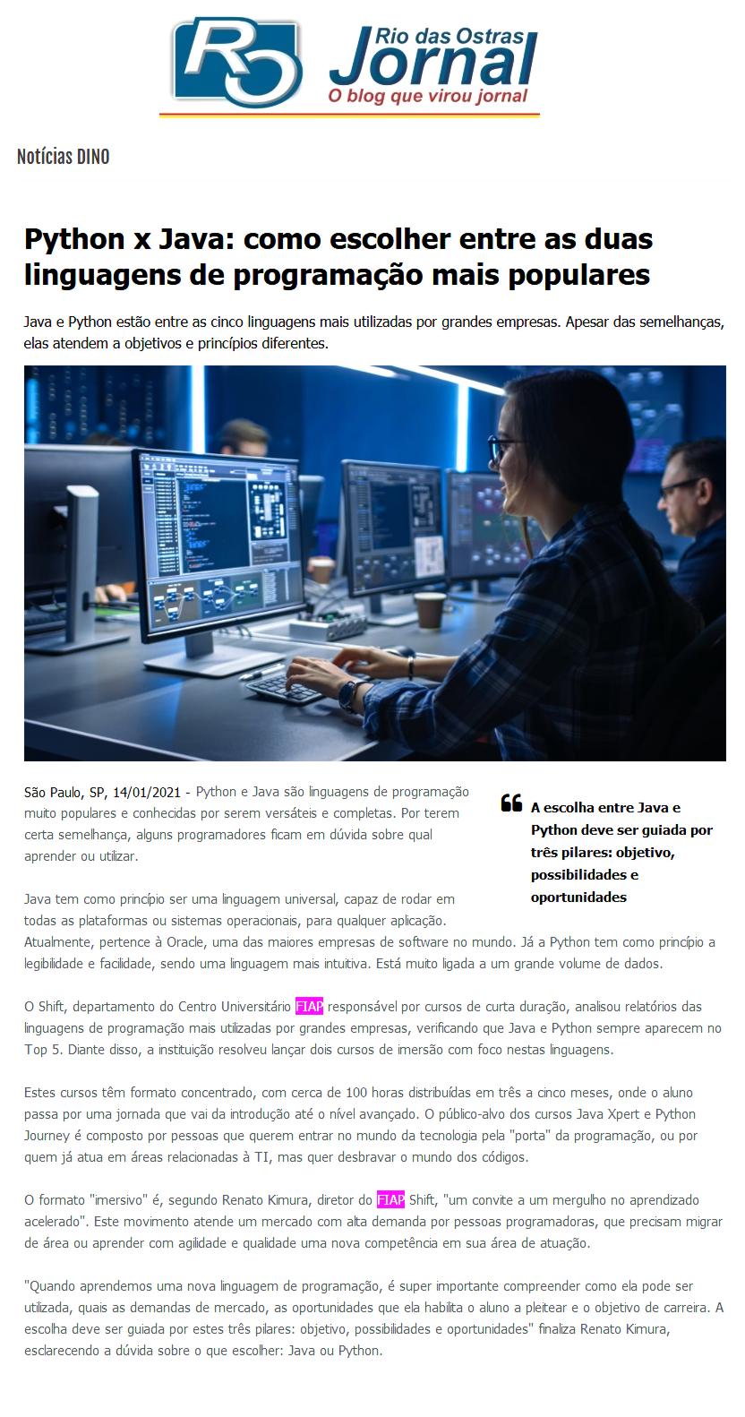 JORNAL RIO DAS OSTRAS – NOTÍCIAS (PYTHON X JAVA: COMO ESCOLHER ENTRE AS DUAS LINGUAGENS DE ...