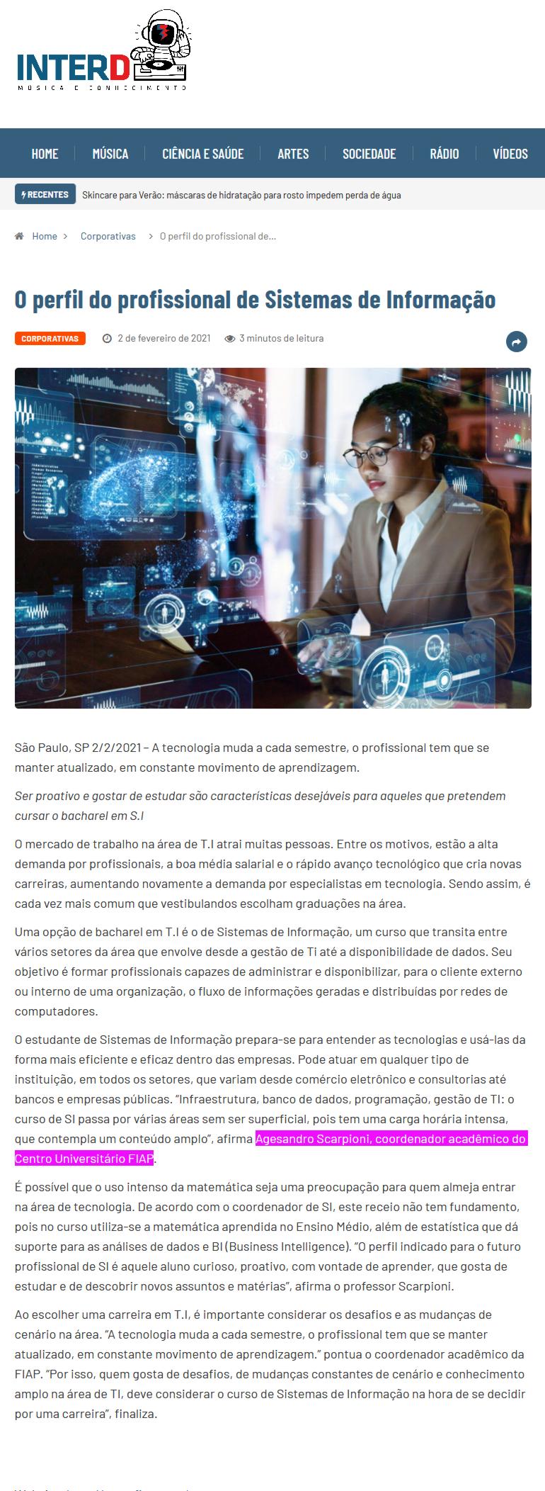 INTERD – NOTÍCIAS (O PERFIL DO PROFISSIONAL DE SISTEMAS DE INFORMAÇÃO ...