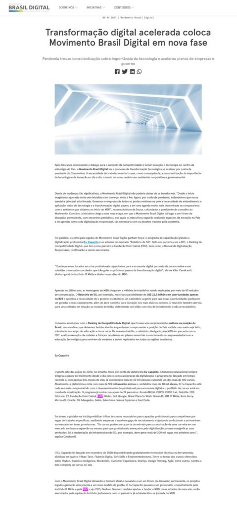 BRASIL DIGITAL – NOTÍCIAS (TRANSFORMAÇÃO DIGITAL ACELERADA COLOCA ...