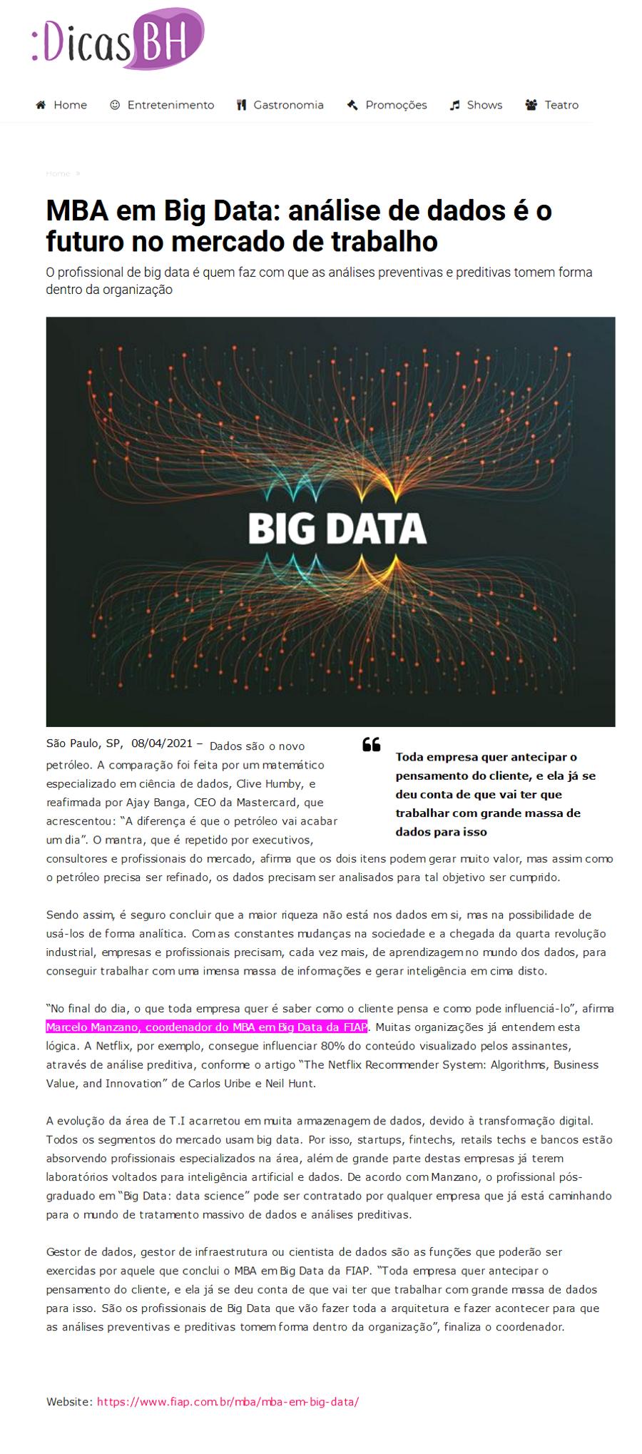 DICAS BH – NOTÍCIAS (MBA EM BIG DATA: ANÁLISE DE DADOS É O FUTURO NO ...