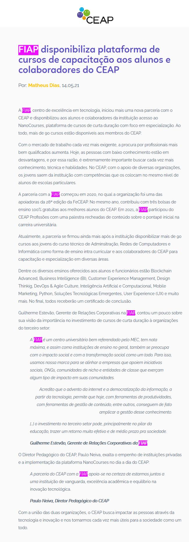 CEAP – NOTÍCIAS (FIAP DISPONIBILIZA PLATAFORMA DE CURSOS DE CAPACITAÇÃO ...