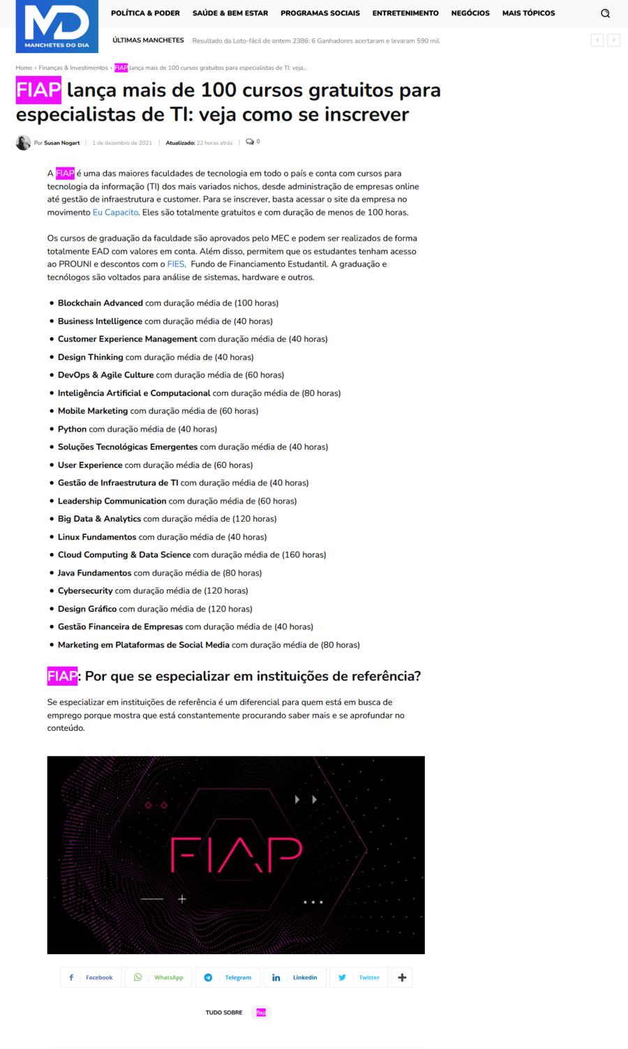 Manchetes do Dia – NOTÍCIAS (FIAP LANÇA MAIS DE 100 CURSOS GRATUITOS ...