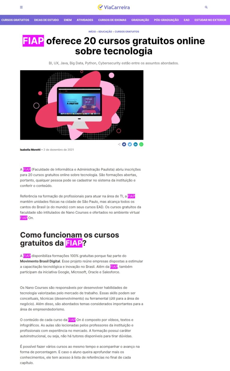 ViaCarreira – NOTÍCIAS (FIAP OFERECE 20 CURSOS GRATUITOS ONLINE SOBRE ...