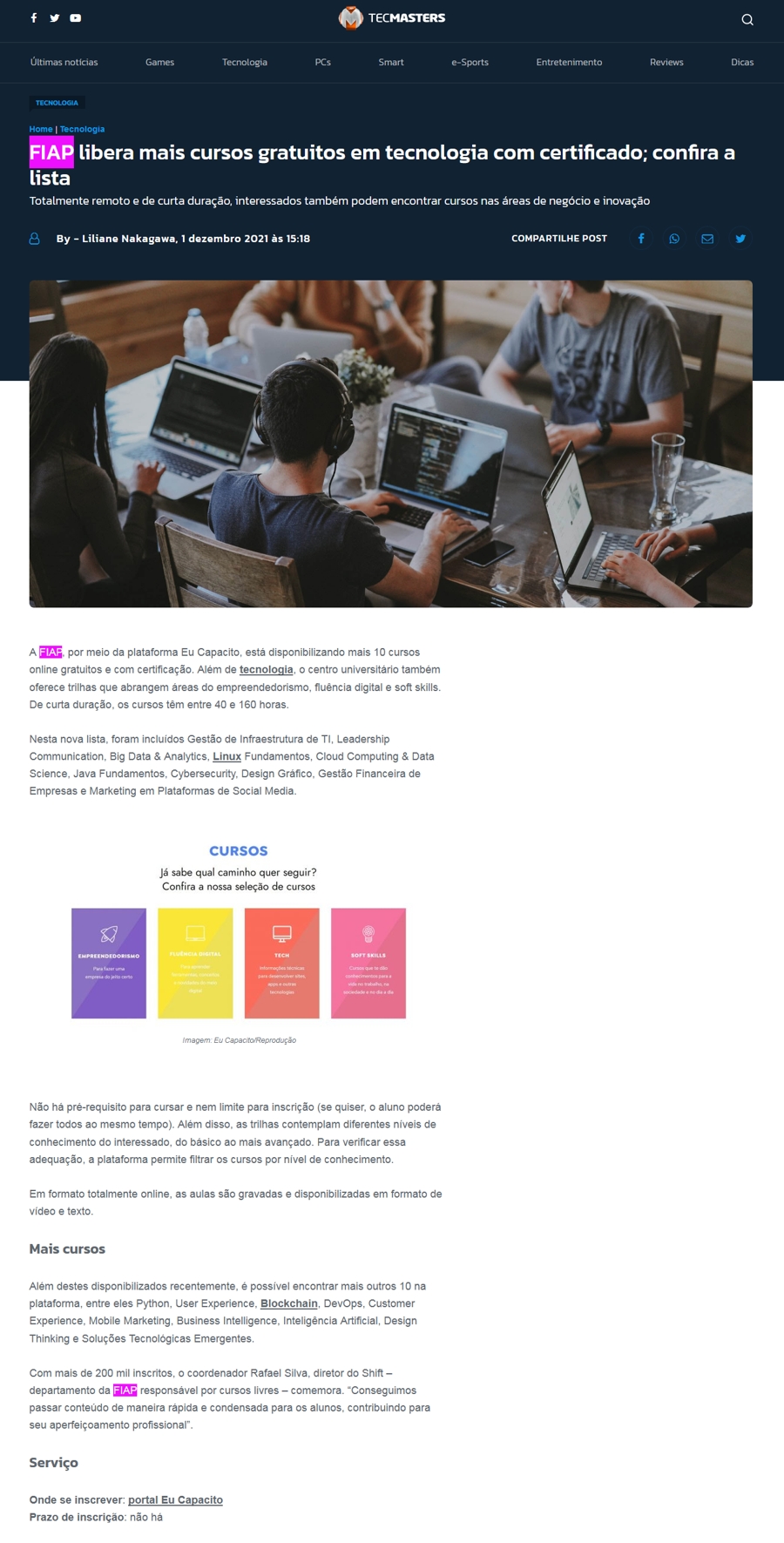 Tecmasters – NOTÍCIAS (FIAP LIBERA MAIS CURSOS GRATUITOS EM TECNOLOGIA ...