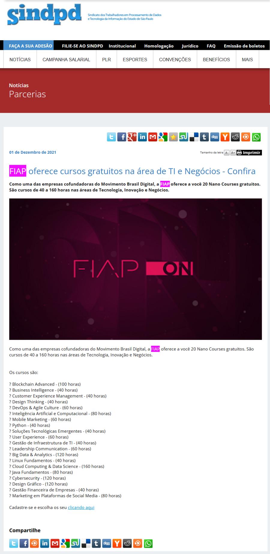 SINDPD – NOTÍCIAS (FIAP OFERECE CURSOS GRATUITOS NA ÁREA DE TI E ...