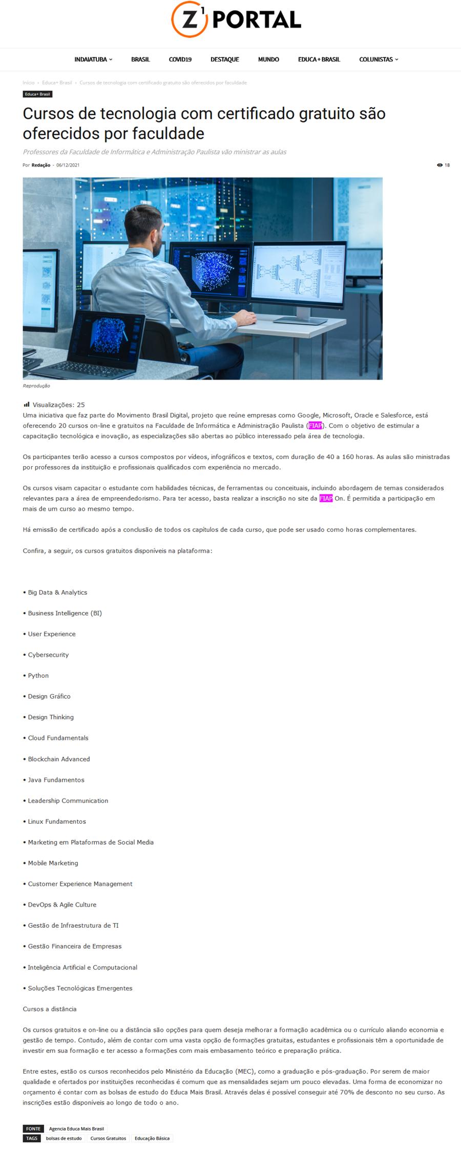 Z1 Portal – NOTÍCIAS (CURSOS DE TECNOLOGIA COM CERTIFICADO GRATUITO SÃO ...