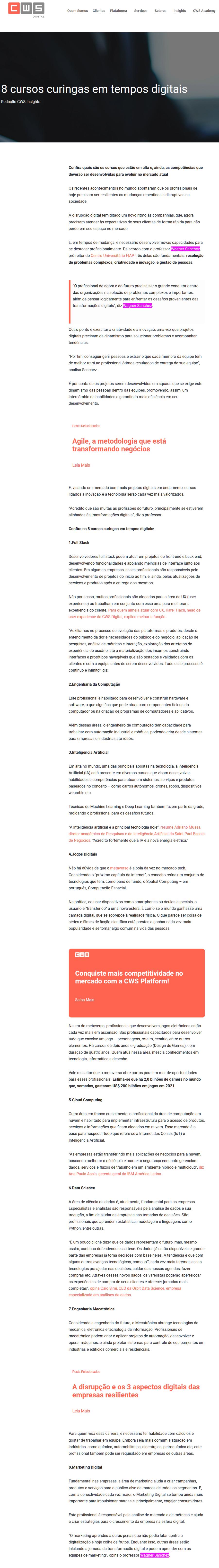 CWS Digital – NOTÍCIAS (8 CURSOS CURINGAS EM TEMPOS DIGITAIS – WAGNER SANCHEZ) - FIAP
