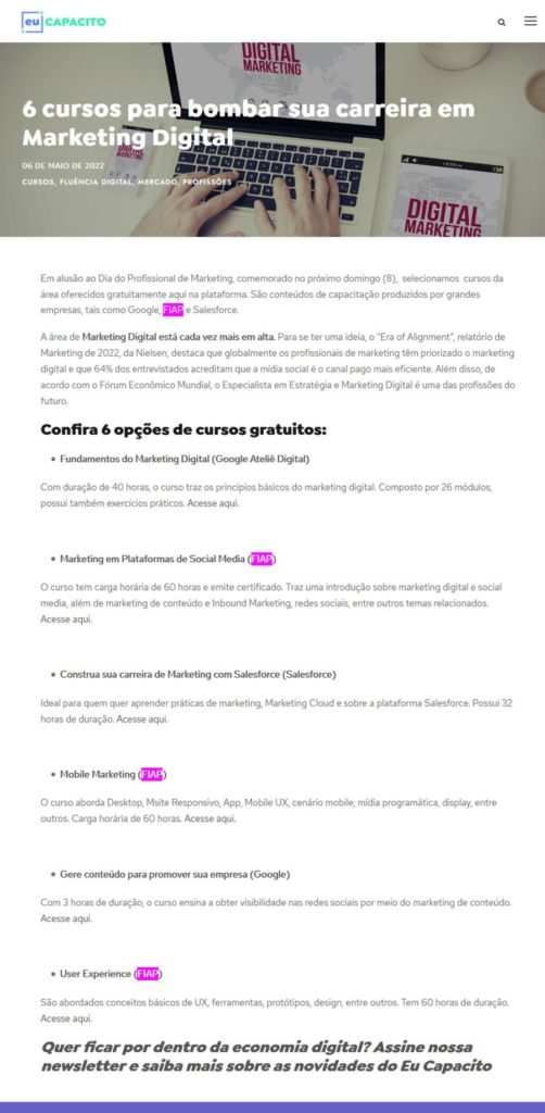 Eu Capacito – NOTÍCIAS (6 CURSOS GRATUITOS PARA BOMBAR SUA CARREIRA EM MARKETING DIGITAL – FIAP ...