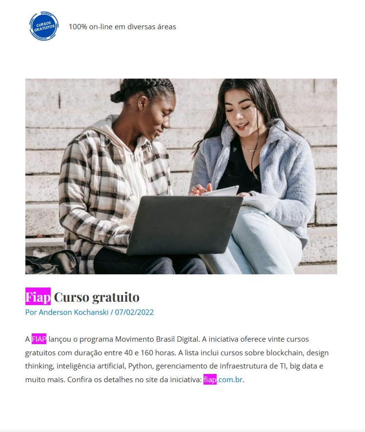 Cursos Gratuitos – NOTÍCIAS (FIAP CURSO GRATUITO – FIAP) - FIAP