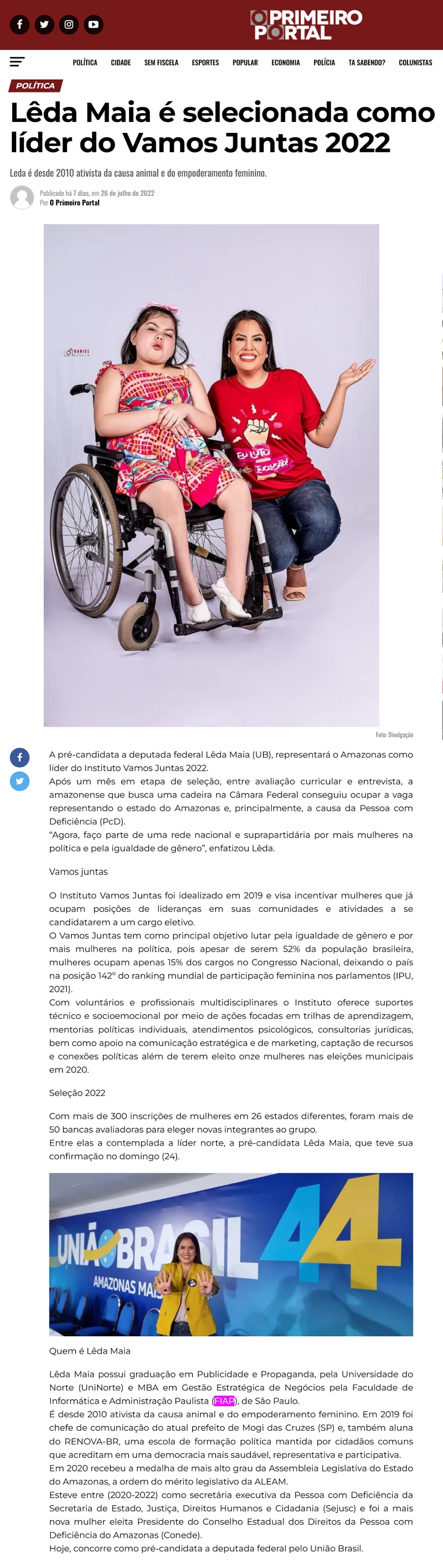 O Primeiro Portal – NOTÍCIAS ( LÊDA MAIA É SELECIONADA COMO LÍDER DO ...