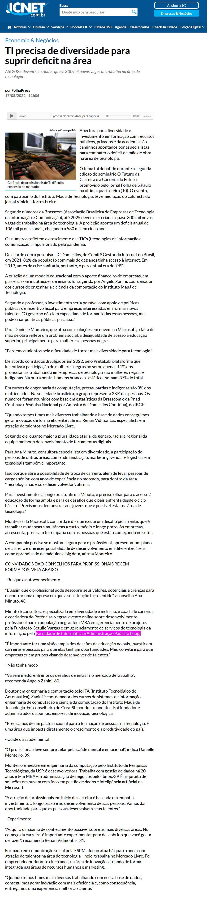 JCNET – NOTÍCIAS (TI PRECISA DE DIVERSIDADE PARA SUPRIR DEFICIT NA ÁREA – ALUNOS) - FIAP