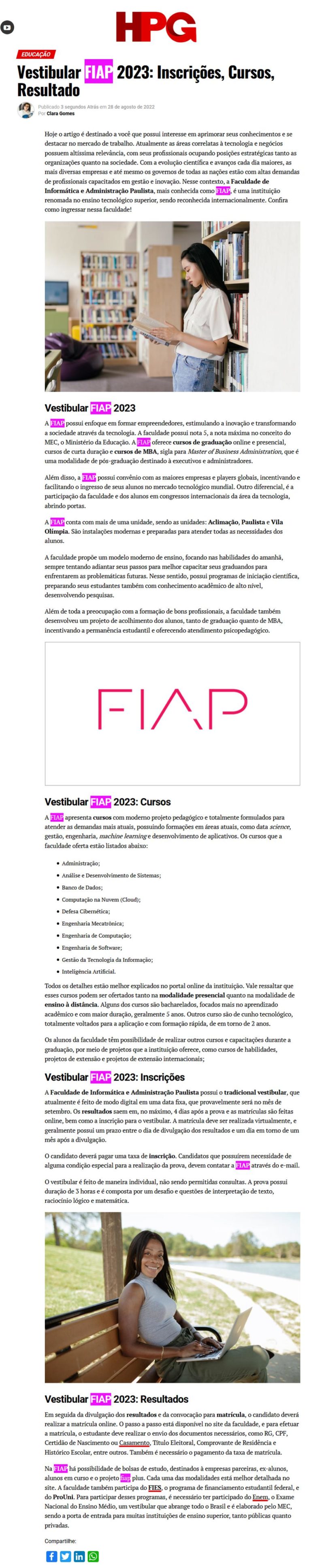 HPG – NOTÍCIAS (VESTIBULAR FIAP 2023: INSCRIÇÕES, CURSOS, RESULTADO ...