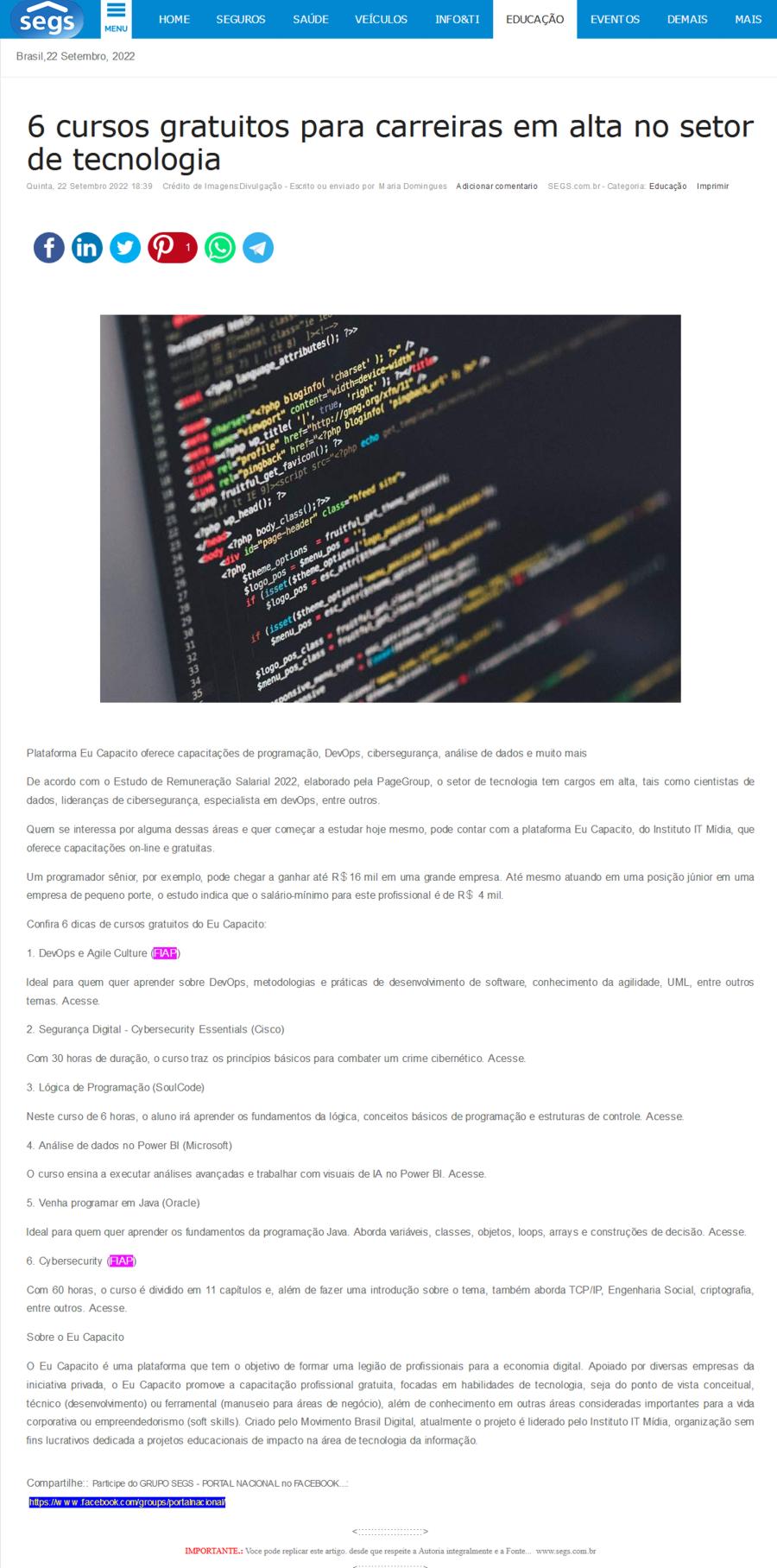 SEGS – NOTÍCIAS (6 CURSOS GRATUITOS PARA CARREIRAS EM ALTA NO SETOR DE ...