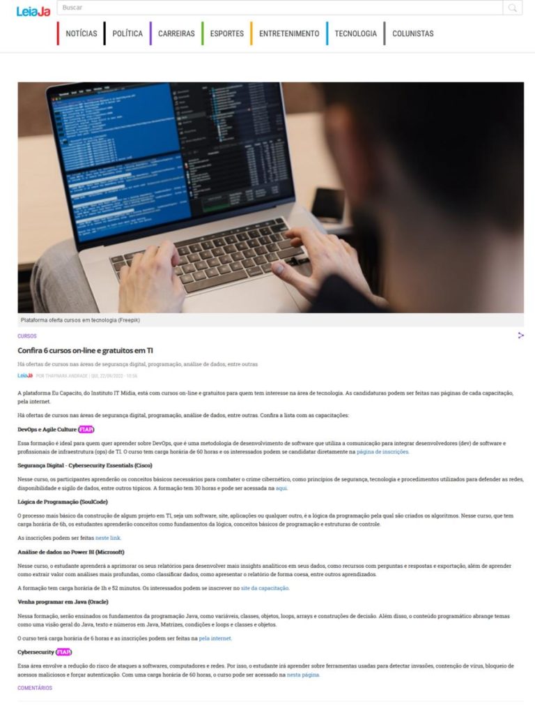 Leia Já – NOTÍCIAS (CONFIRA 6 CURSOS ON-LINE E GRATUITOS EM TI – FIAP ...