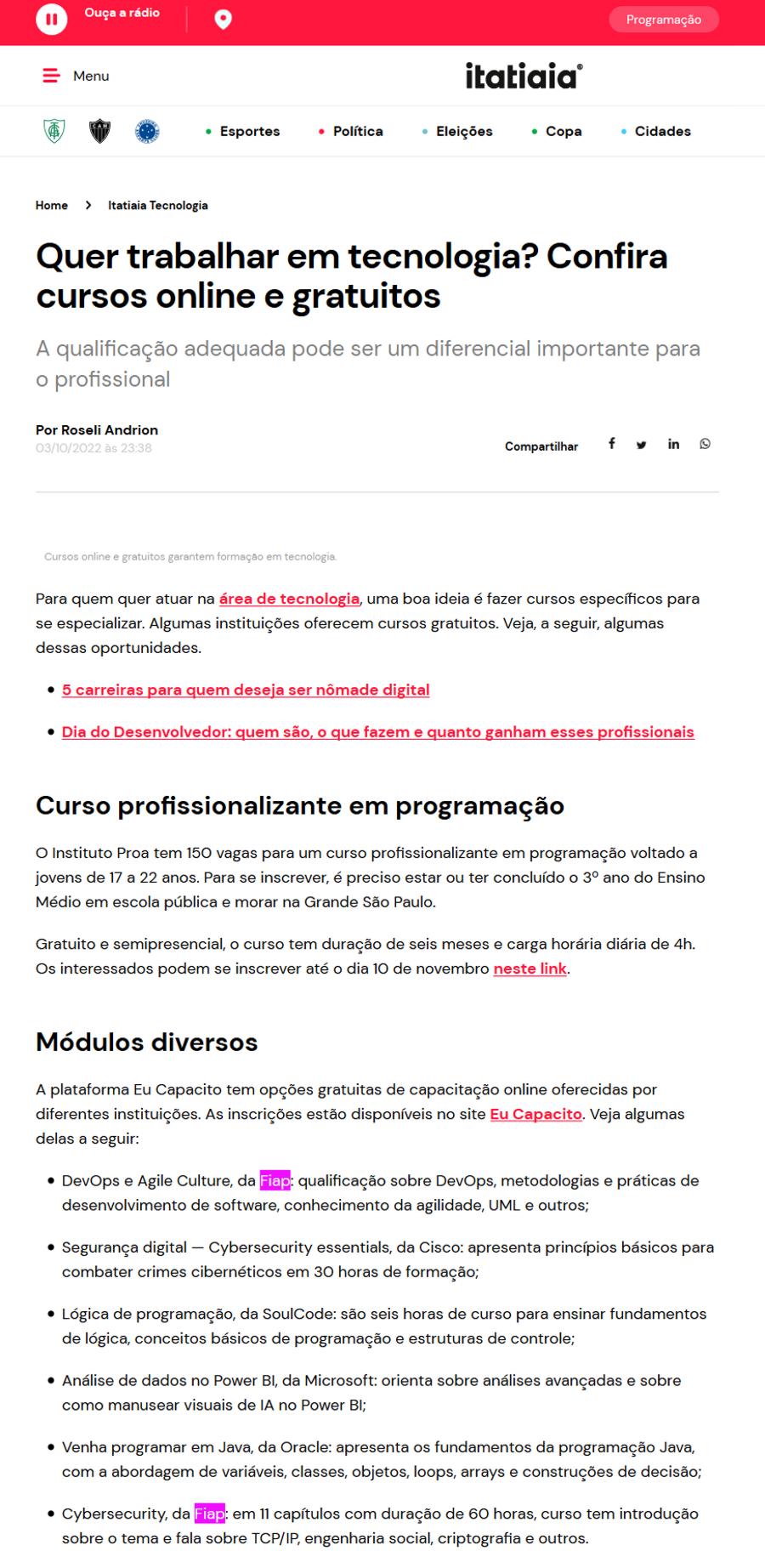 Itatiaia – NOTÍCIAS (QUER TRABALHAR EM TECNOLOGIA? CONFIRA CURSOS ...