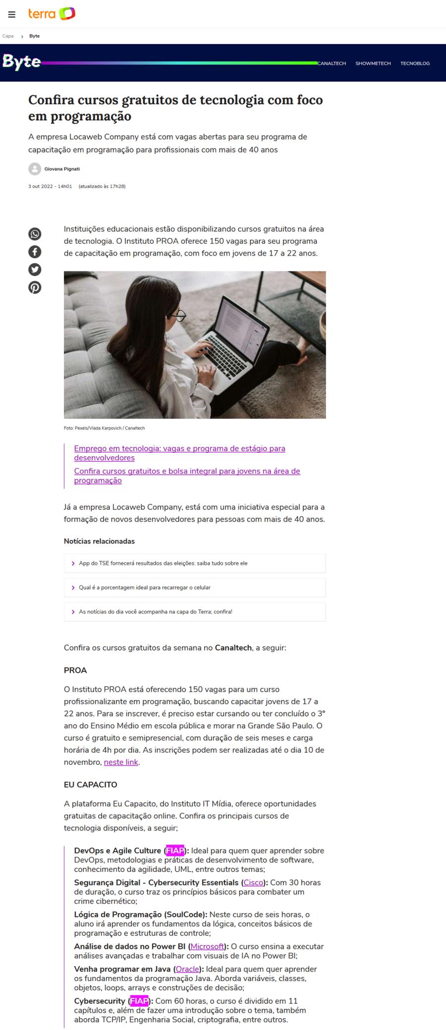 Terra – NOTÍCIAS (CONFIRA CURSOS GRATUITOS DE TECNOLOGIA COM FOCO EM ...