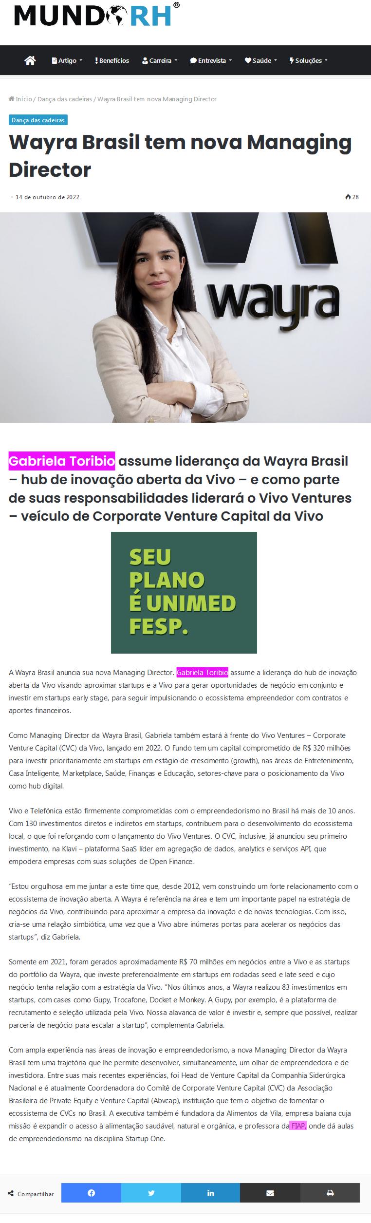 Mundo RH – NOTÍCIAS (WAYRA BRASIL TEM NOVA MANAGING DIRECTOR – GABRIELA ...