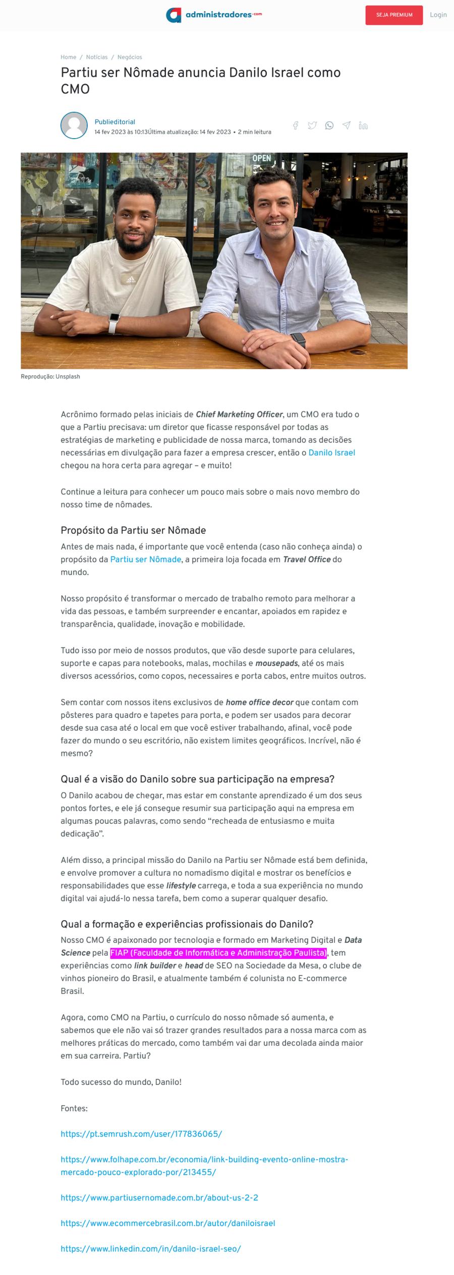 Administradores.com – NOTÍCIAS (PARTIU SER NÔMADE ANUNCIA DANILO ISRAEL COMO CMO – ALUNOS) - FIAP