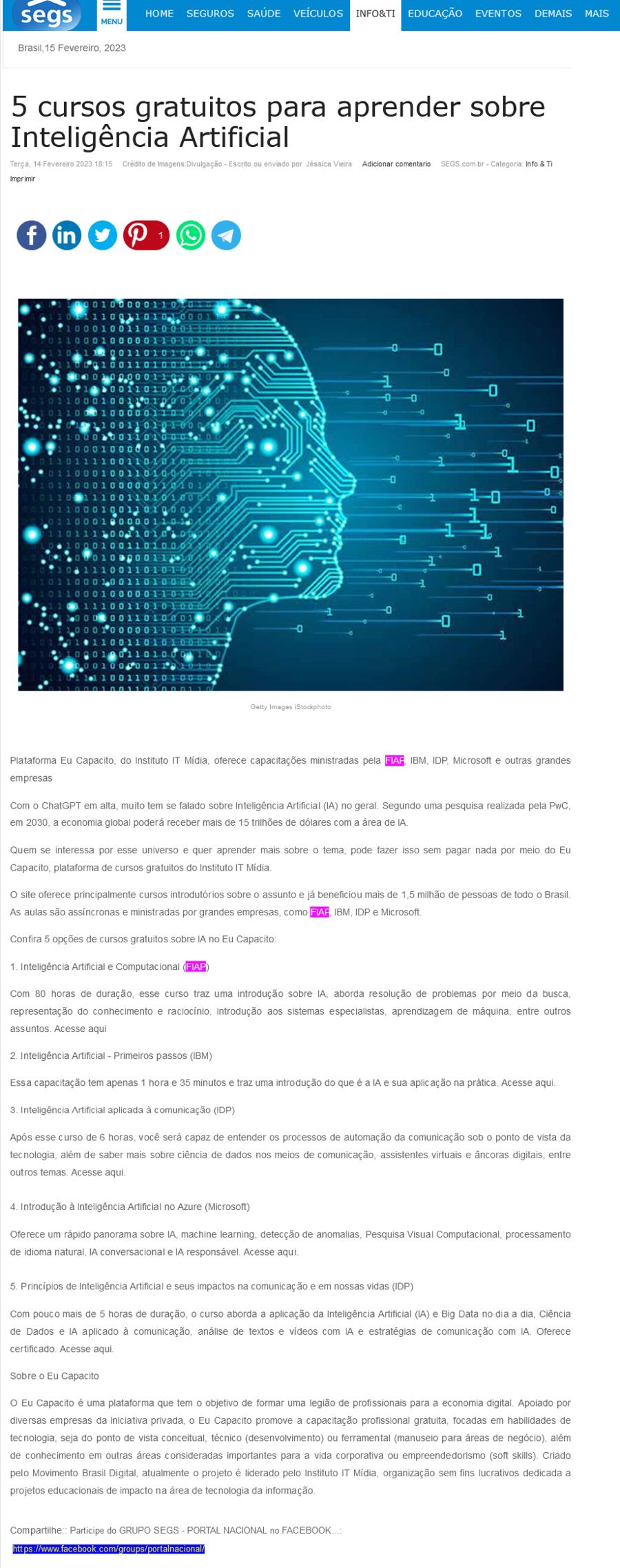 SEGS – NOTÍCIAS (5 CURSOS GRATUITOS PARA APRENDER SOBRE INTELIGÊNCIA ...