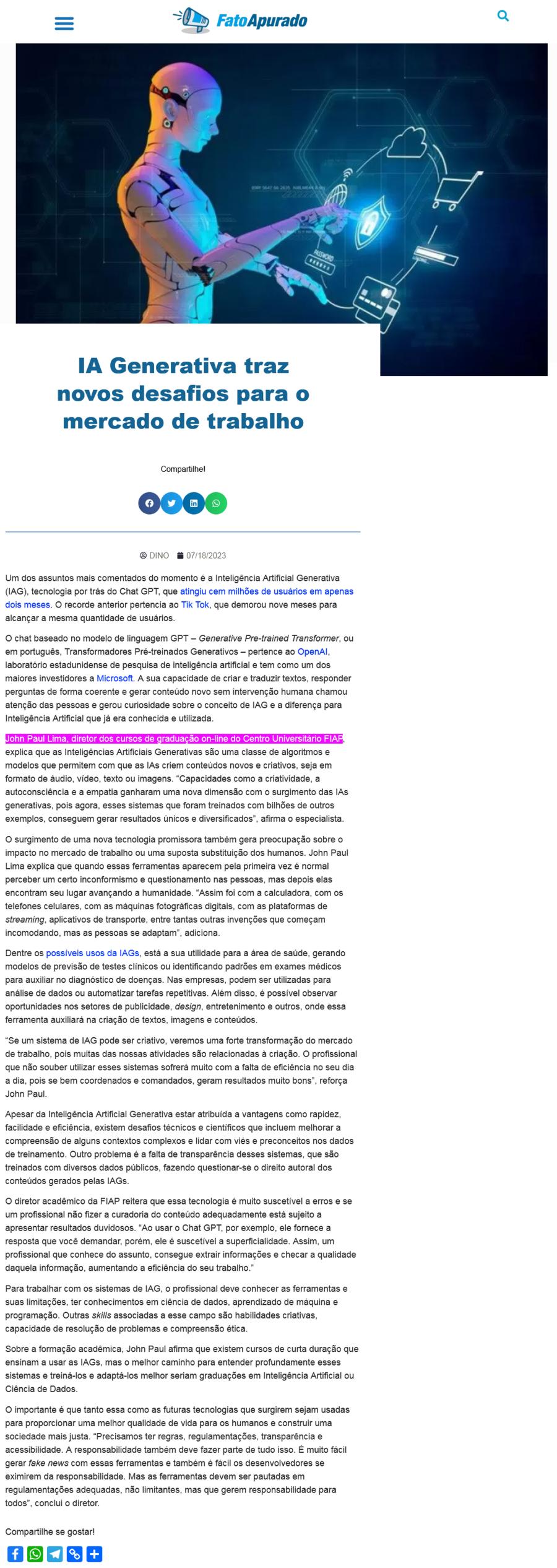 Fato Apurado – NOTÍCIAS (IA GENERATIVA TRAZ NOVOS DESAFIOS PARA O ...