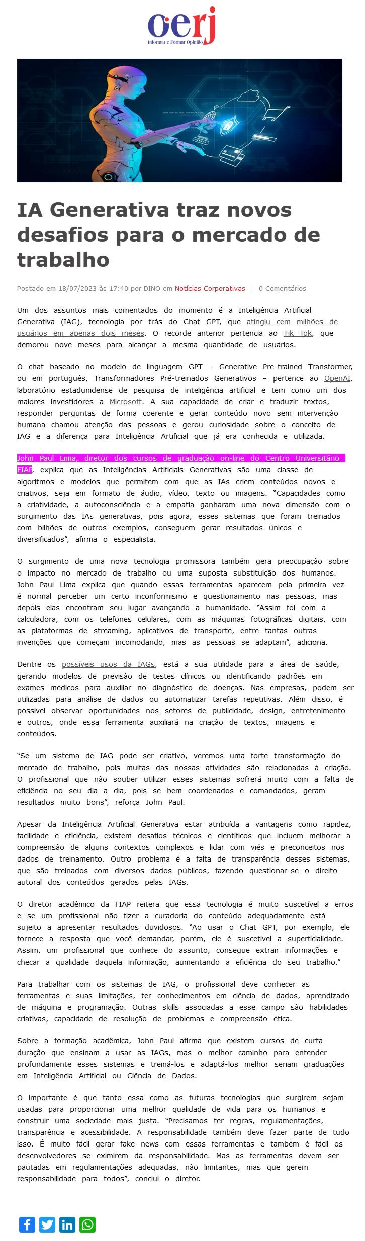 OERJ – NOTÍCIAS (IA GENERATIVA TRAZ NOVOS DESAFIOS PARA O MERCADO DE ...