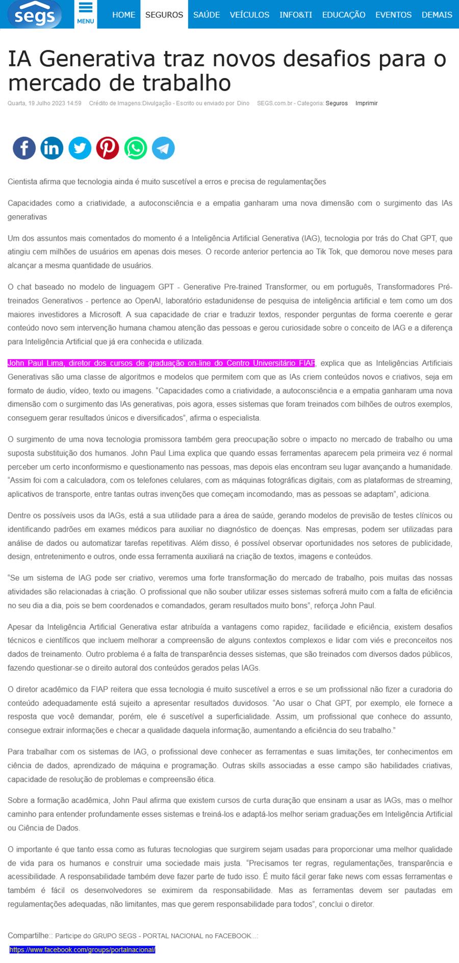 SEGS – NOTÍCIAS (IA GENERATIVA TRAZ NOVOS DESAFIOS PARA O MERCADO DE ...