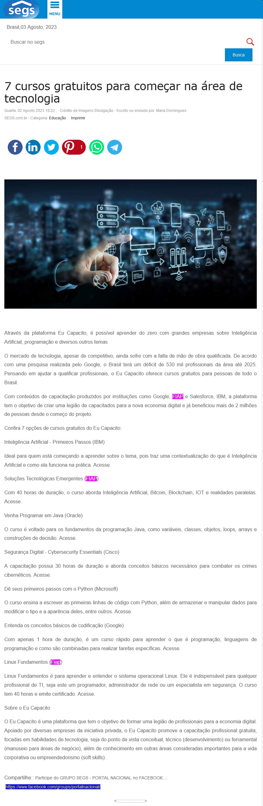 SEGS – NOTÍCIAS (7 CURSOS GRATUITOS PARA COMEÇAR NA ÁREA DE TECNOLOGIA ...